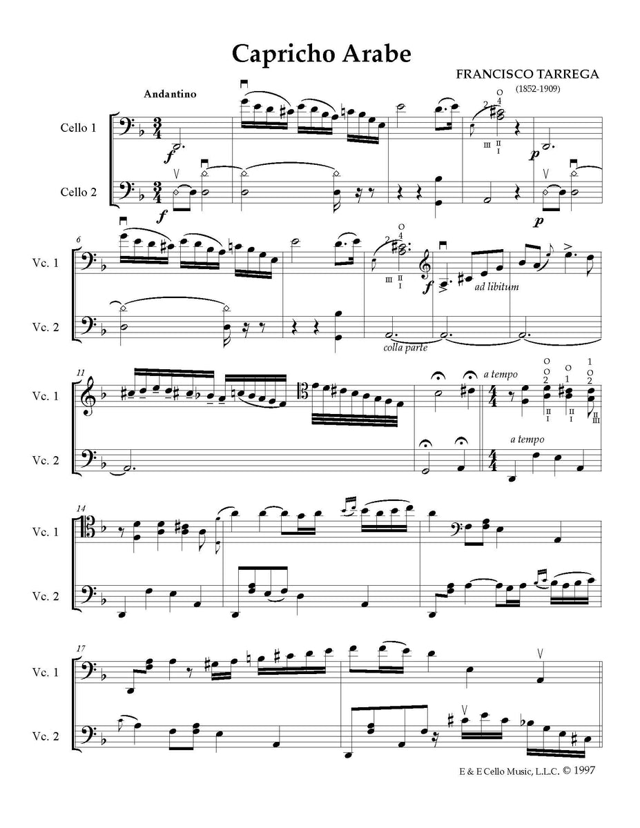 Tarrega "Capricho Arabe" for Advanced Solo Cello – E & E Cello Music